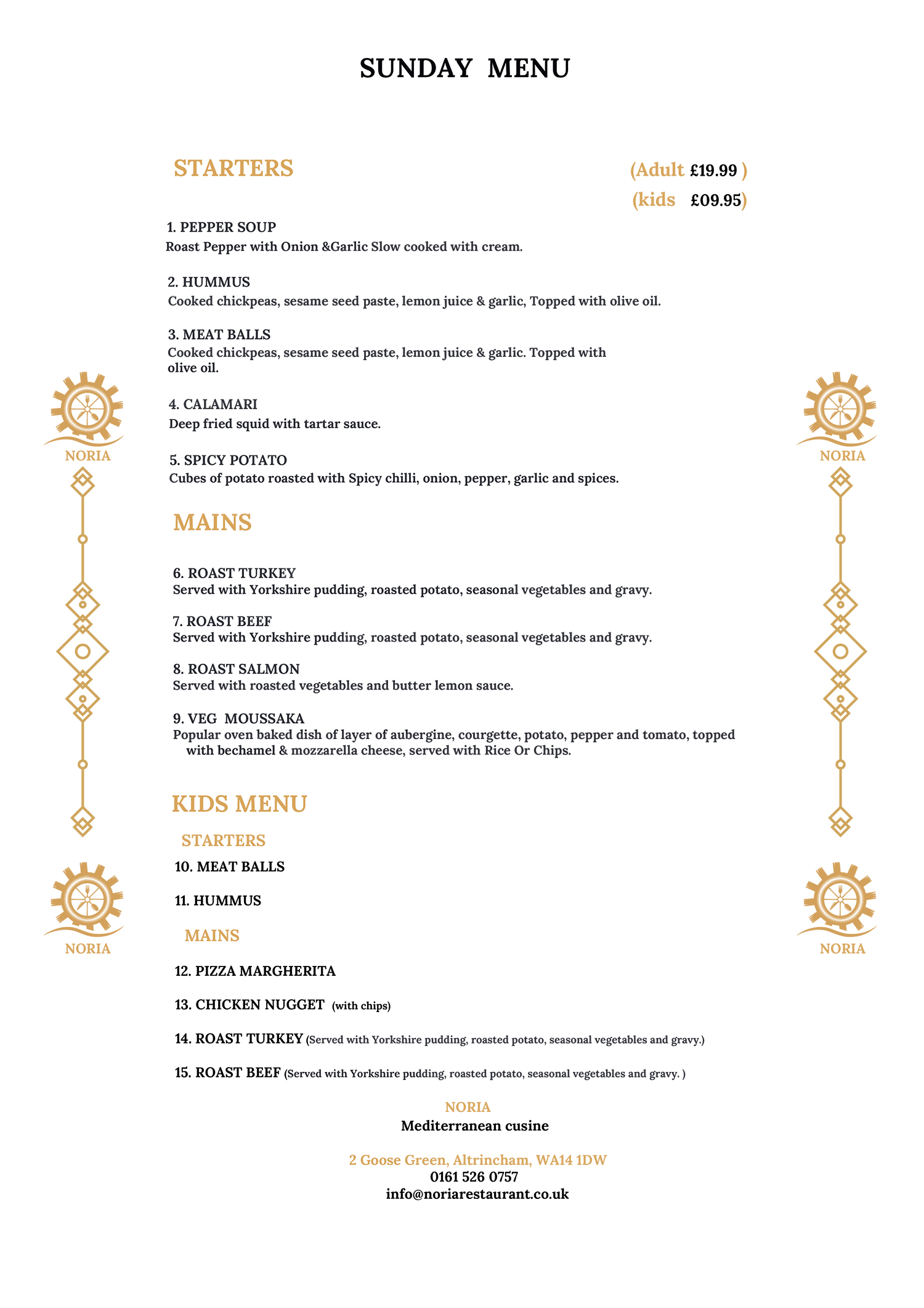 Sunday Menu – Noria Restaurant
